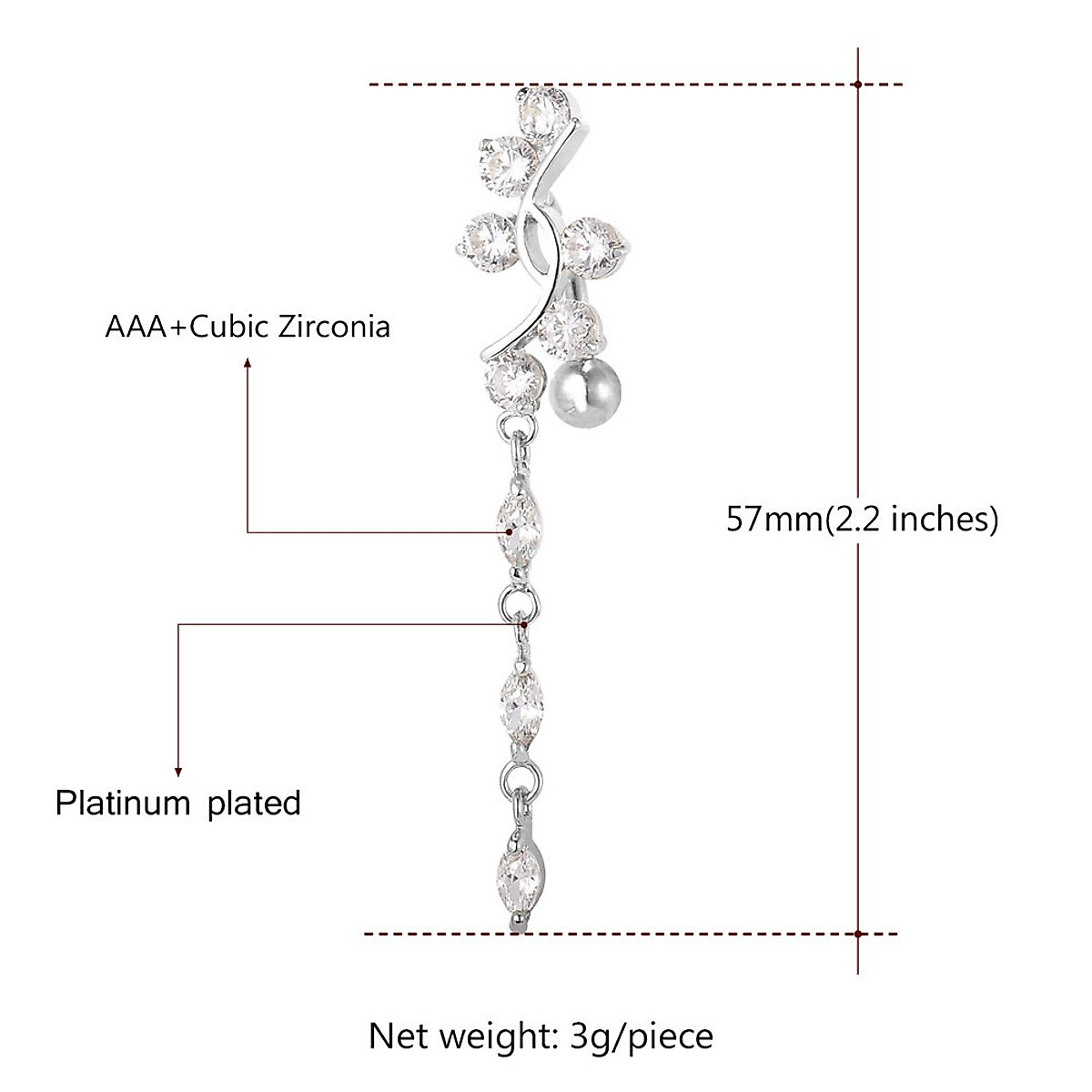 U7 Belly Rings Platinum Plated Cubic Zirconia Leaf Dangle Navel Rings for Women Beach Wear