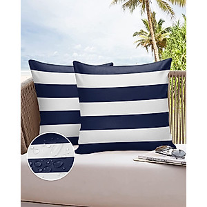 Outdoor Pillow Covers 26x26 Waterproof Polyester Throw Pillow Covers, Navy Blue White Stripes Decorative Pillowcases Garden Cushion Case for Patio Couch Sofa Decoration Set of 2, Geometric Summer