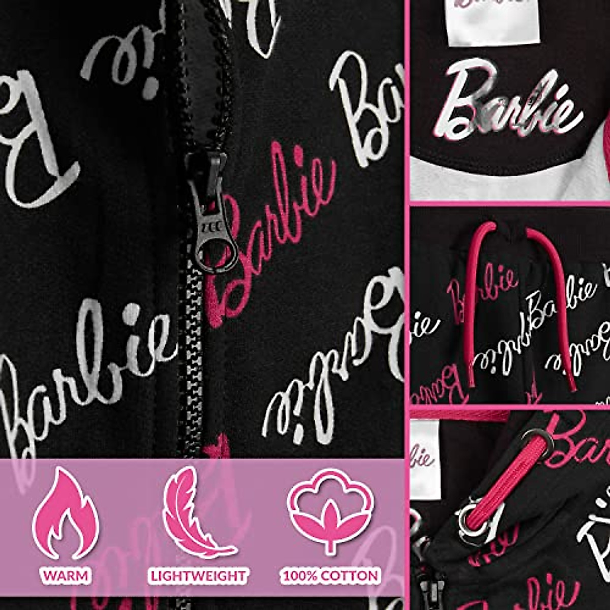 Barbie Loungewear Set, Comfy Cotton Clothes for Girls, Officially Licensed Outfit for Girls, Hoodie and Joggers Set, Black, Ages 7 to 8