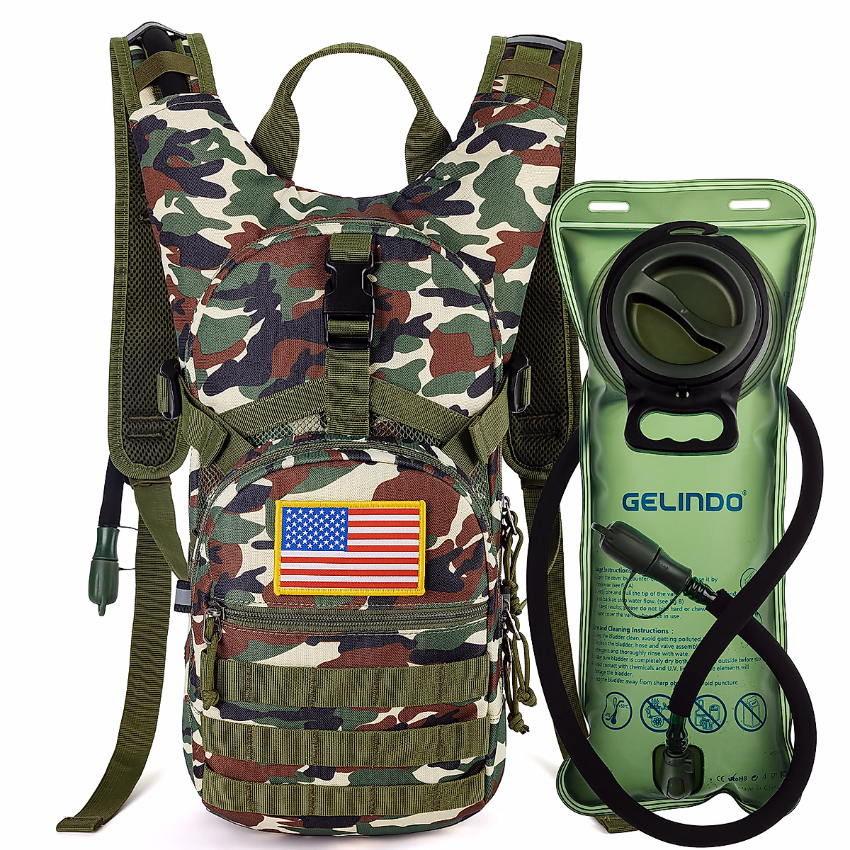 Gelindo Military Tactical Hydration Backpack with 2L Water Bladder Light Weight, MOLLE Tactical Assault Pack for Hiking Biking Running Walking Climbing Outdoor Travel