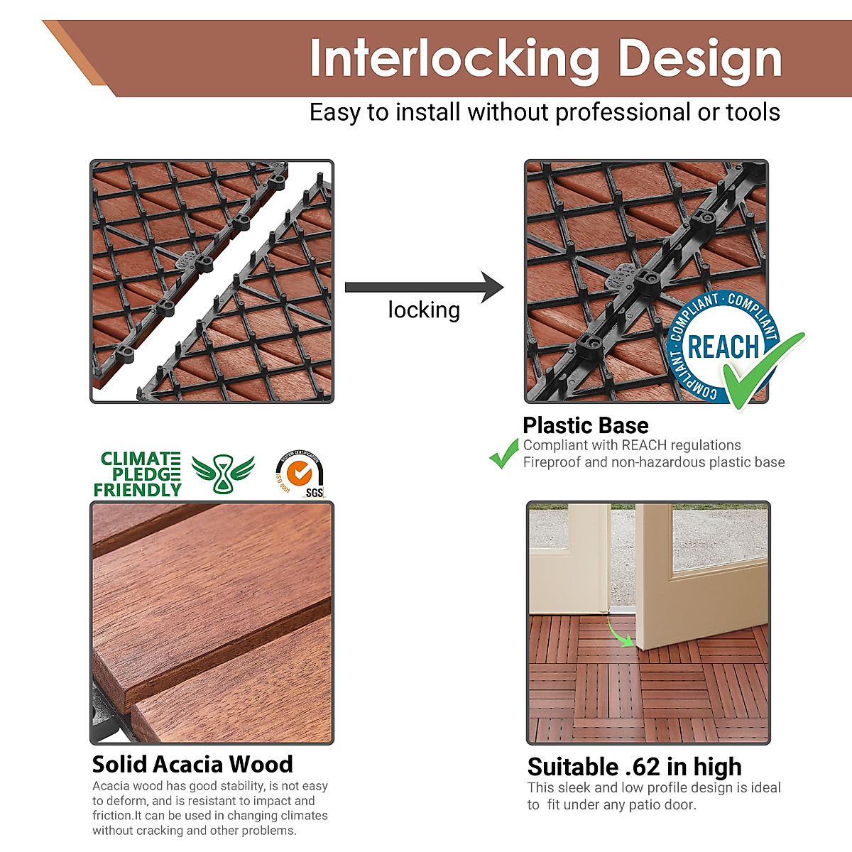 PrimeZone 108 PCS Solid Acacia Wood Interlocking Patio Deck Tiles - 12" x 12" Indoor Outdoor Waterproof Flooring Tiles for Balcony, Backyard, Garden & Poolside, All Weather Use, Brown