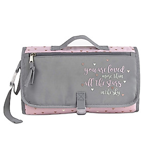 Portable Diaper Changing Pad Station Waterproof for Baby Girl, Boy with Padded Head Rest, Wipes Dispenser (Pink Hearts)