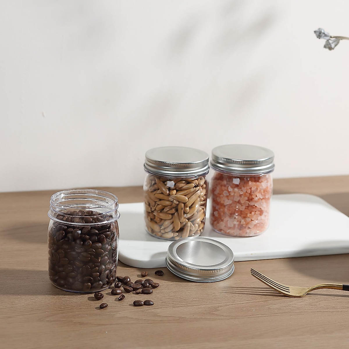 Party Club of America 16 Pack 8OZ Sliver Plastic Jars With Screw On Lids，Plastic Mason Jars Food Storage Container For Storing Dry Food, Candy, Cream,Peanut, Butter