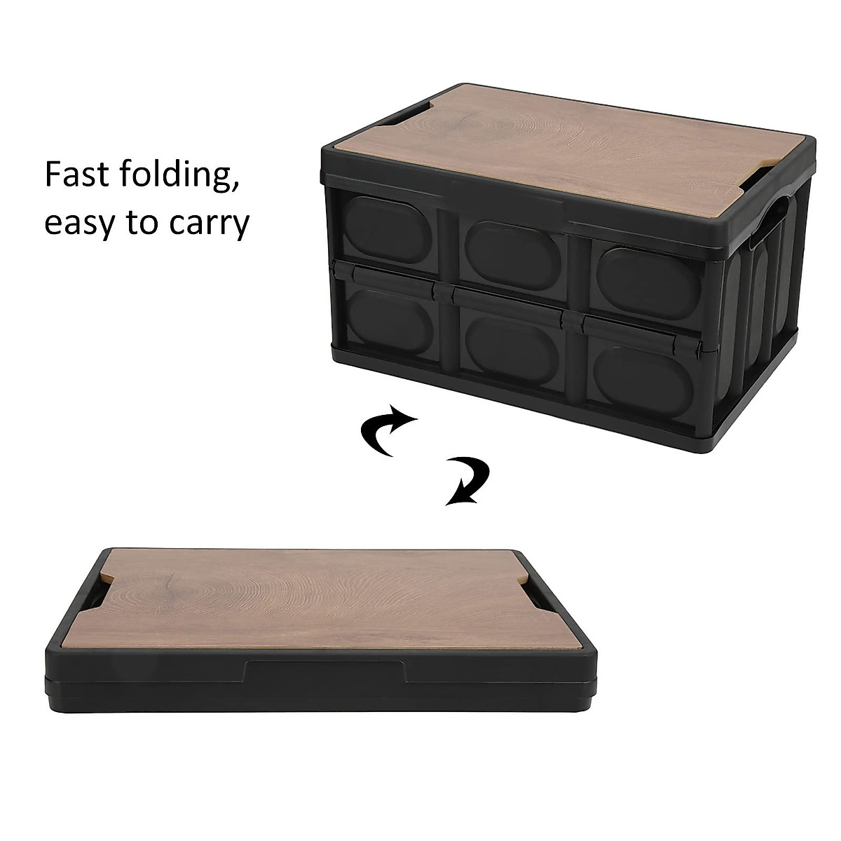 30L Outdoor Folding Storage Box,Portable Storage Box with Wooden Panel for Outdoor (Black)