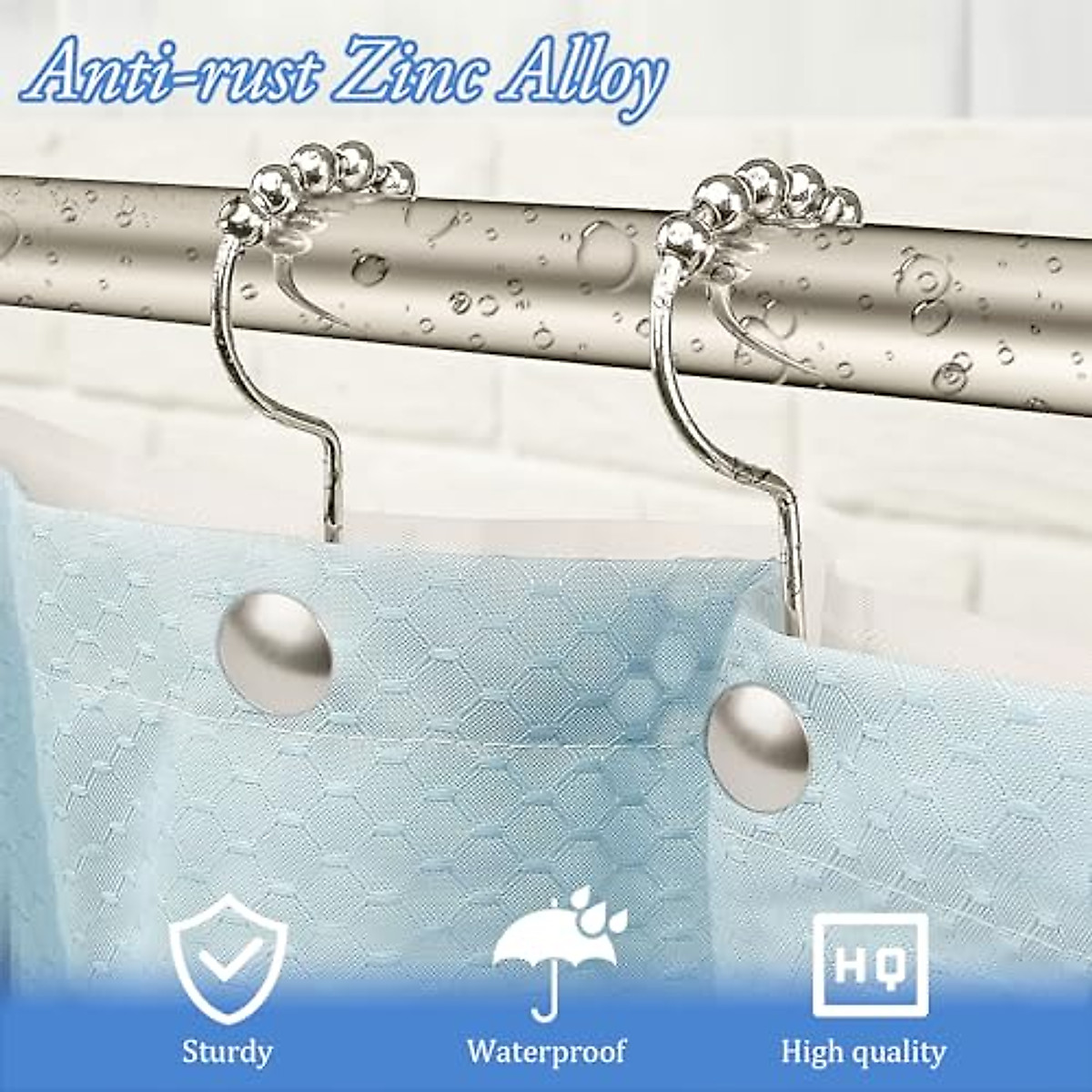 Dexspoeny 12PCS Polished Nickel Shower Curtain Hook, Zinc Alloy Shower Curtain Rings Easy Glide Hook for Bathroom Shower Rods, Curtain Liner Rust Proof Decorative Curtain Hook