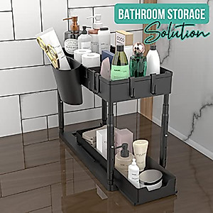 STORVAGE Height Adjustable Under Sink Organizer Kitchen 2 Tier Under Sink Organizers and Storage Bathroom, Sliding Basket Bathroom Cabinet Organizer with Hooks, Hanging Cup & Dividers (Black, 1)