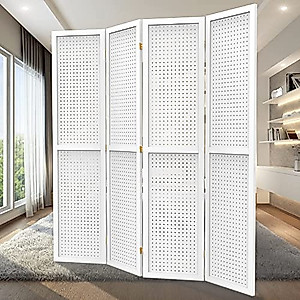 DURASPACE 4 Panel Room Divider 5.6 FT Pegboard Display Folding Wood Privacy Screen Pegboard Stand Organizer for Jewelry, Craft, Cloth, Art Display (White)