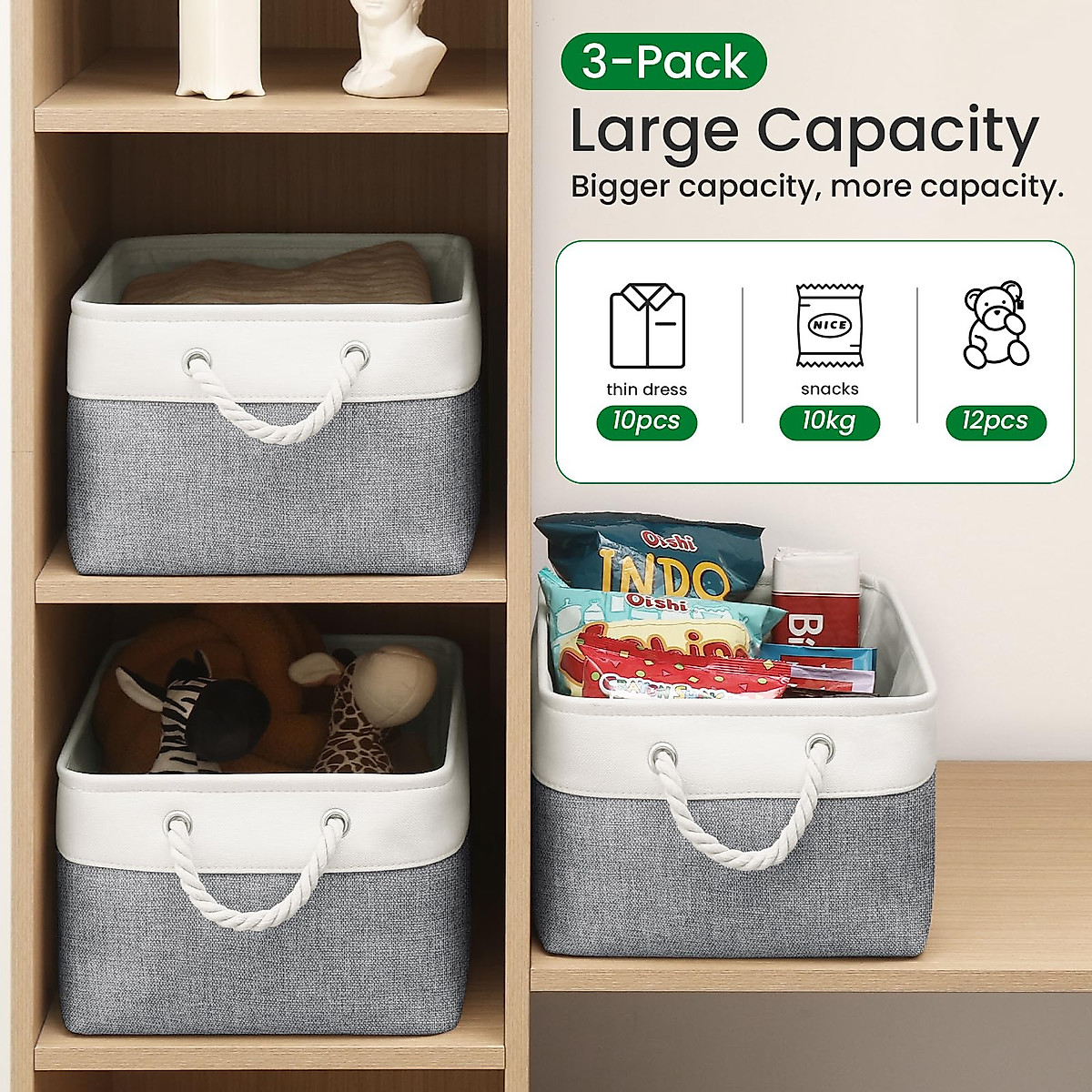 VQRTEXA Storage Baskets, 3-Pack 15.7x11.8x8.2 inch Fabric Storage Bins, Versatile Storage Baskets for Shelves with Handles (White&Grey, 15.7X11.8X8.26)