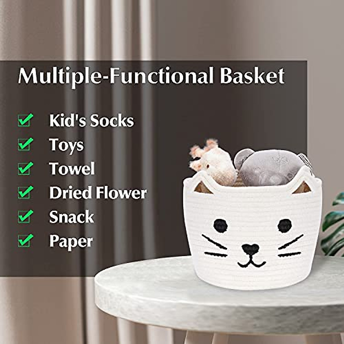 Small Cat Cotton Rope Basket Baby Basket for Nursery | Hombins Woven Basket Cute Kids Basket for Organization Stuffed Animal Storage Hamper for Pen, Tissue, Candy, 8''X7''