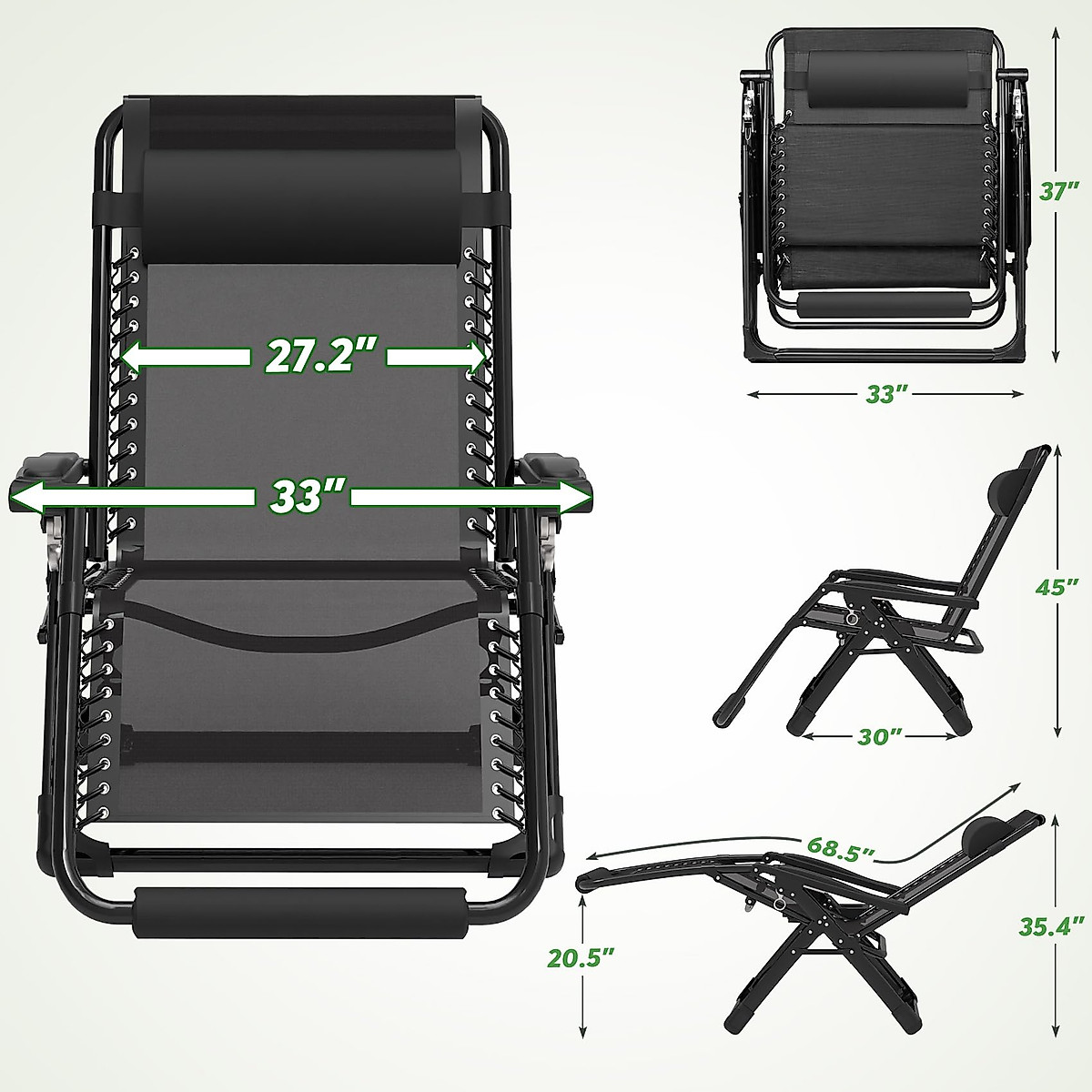 ZENPETIO Oversized Zero Gravity Chair, 33In XXL Zero Gravity Recliner Lounge Chair, Anti Gravity Chair for Indoor and Outdoor, Reclining Camping Chair for Lawn and Patio w/Cushion and Footrest, 500LBS