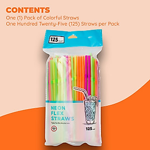 Jacent Flexible Disposable Drinking Straws, Bendable Plastic Neon Straws: 125 Count per Pack, Fun Bendy Kids Straws