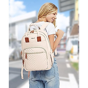 LOVEVOOK Quilted Backpack for Women, 15.6 Inch Computer Bag, Stylish Travel Backpack Purse Notebook with USB Port Waterproof Casual Daypack Large Bags for Daily Work, Beige