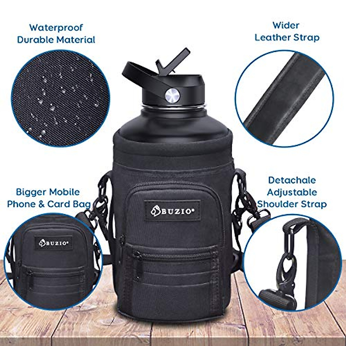 BUZIO Water Bottle Holder Carrying Pouch for 64 oz Bottles - Carry, Protect and Insulate Your Flask with This Military Grade Carrier an Adjustable Padded Shoulder Strap