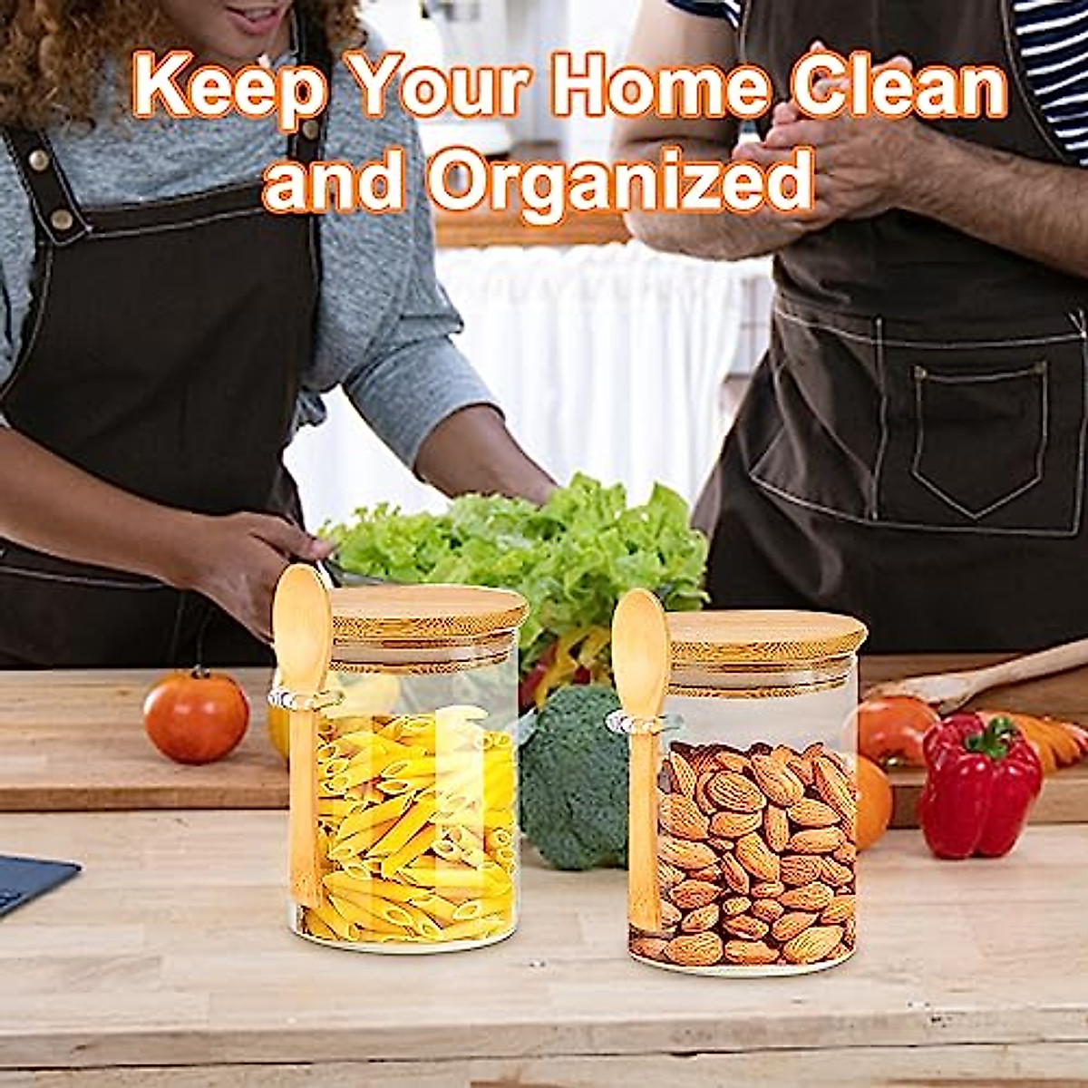 SNGKMSYG Glass Jars with Bamboo Lid & Bamboo Spoons, 18.26 OZ Glass Food Storage Jars, 100% Heatproof Sealed Glass Canisters Jars for Overnight Oats,Spice,Cookies,Candy,Coffee Beans or Nuts 4 Pack