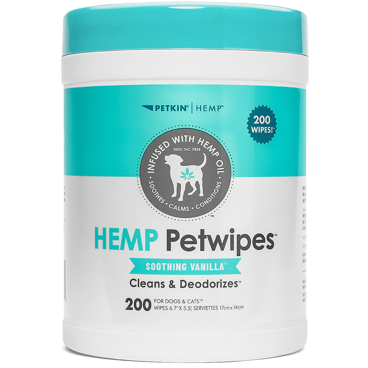 Petkin Hemp Pet Wipes for Dogs and Cats - with Hemp Oil & Soothing Vanilla Scent, 200 Count - Soothes, Calms & Conditions - Wipes for Pet's Face, Eyes and Body - for Home or Travel