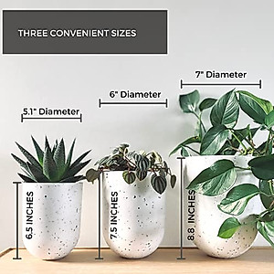 AUBURY White Indoor Plant Pots - Set of 3 Planters with Drainage Holes, 5.1,6 and 7" Diam, Sturdy yet Lightweight for Easy Moving, Modern Flower Pots for Indoor Gardens, Succulents or Hanging Planters