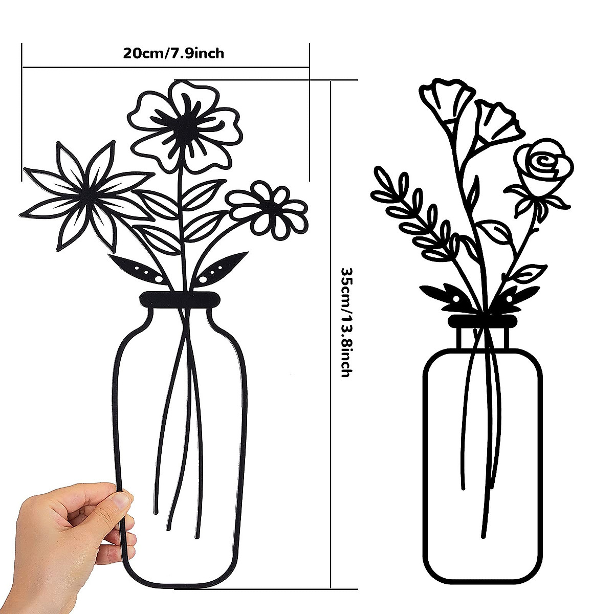 2 Pieces Vase Metal Wall Art Flower in Vase 13.8 x 7.9 Inch Kitchen Wall Decor Boho Metal Flower Wall Art Metal Flower Wall Decor Hanging Black Wall Art Sign Vase Metal Wall Sign for Home Garden