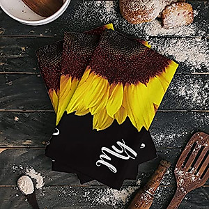 SIGOUYI Kitchen Towels Wash Cloths 4-Pack, Kitchen Decor Dish Towels, Super Soft Absorbent Hand Towels, Cleaning Rags for Tea Set Dish Set, You are My Sunshine Sunflowers on Black