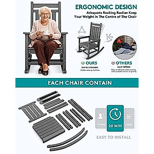 SERWALL Outdoor Rocking Chair Set of 2, HDPE Rocking Chairs for Adult, All Weather Porch Rockers for Lawn Garden, Grey