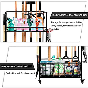 Garden Tool Storage Organizer with Wheels, Yard Tool Stand Holder Racks, Garage Tool Rack, Garden Tool Rolling Cart, Garage Organizers and Storage Hold Garden Tools for Garage Lawn and Outdoor