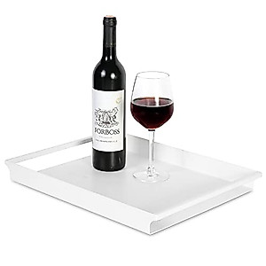 MyGift Decorative Serving Tray, Modern Matte White Metal Rectangle Ottoman Coffee Table Tray with Sleek Rounded Cutout Side Handles