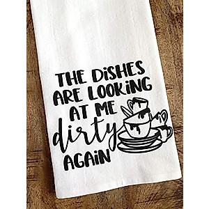 Handmade Funny Kitchen Towel - 100% Cotton Funny Hand Towel for Kitchen - 28x28 Inch Perfect for Chef Housewarming Christmas Mother’s Day Birthday Gift (The Dishes Are Looking at Me...)