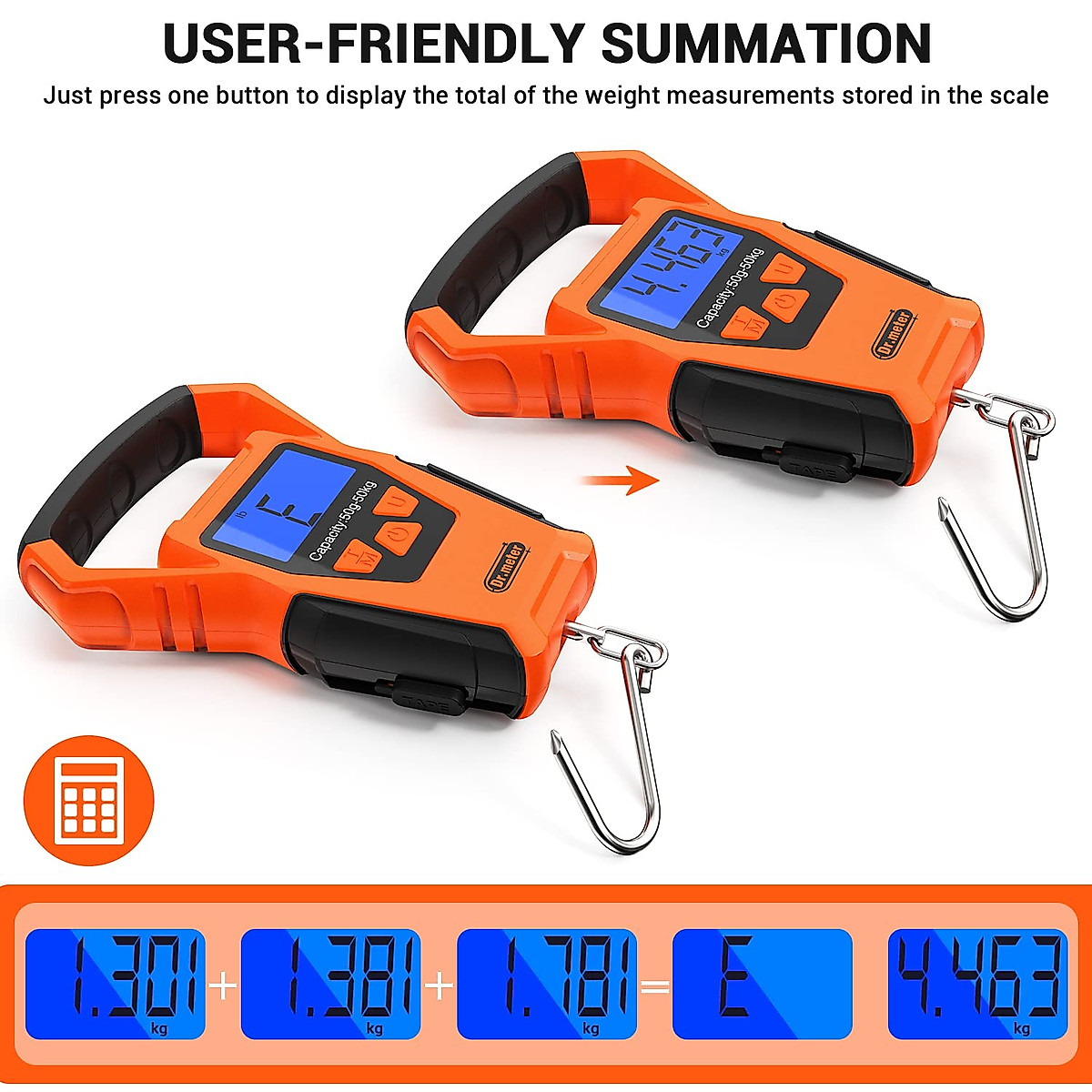 Dr.meter Waterproof Fishing Scale: Upgraded IPX7 110lb/50kg Backlit LCD Display Digital Hanging Scale with Bigger Handle and Hook, Built-in Tape, Battery Included, Fishing Gifts for Men