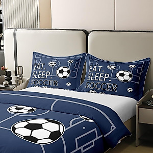 Feelyou Full(No Comforter) Soccer 100% Cotton Duvet Cover Boys Girls Football Bedding Set for Kids Teens Toddler Navy Blue Comforter Cover Set Soccer Ball Game 3Pcs Zipper