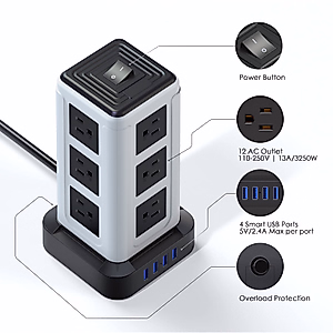 Power Strip Surge Protector with 12 AC Outlets 3250W, 4 USB Ports 1050J and 9.8ft Extension Cord, Power Strip Tower Electric Charging Station for iPhone Tablet Laptops Home Office