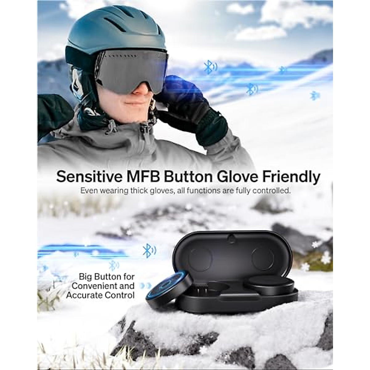 Doohoeek Snowboard Ski Helmet Headphones, True Wireless Earbuds Bluetooth with Charging Box for Audio Ready Helmet, 50+ Hours Work Time Headsets LED Display for Snowboarding Skiing Climbing Biking