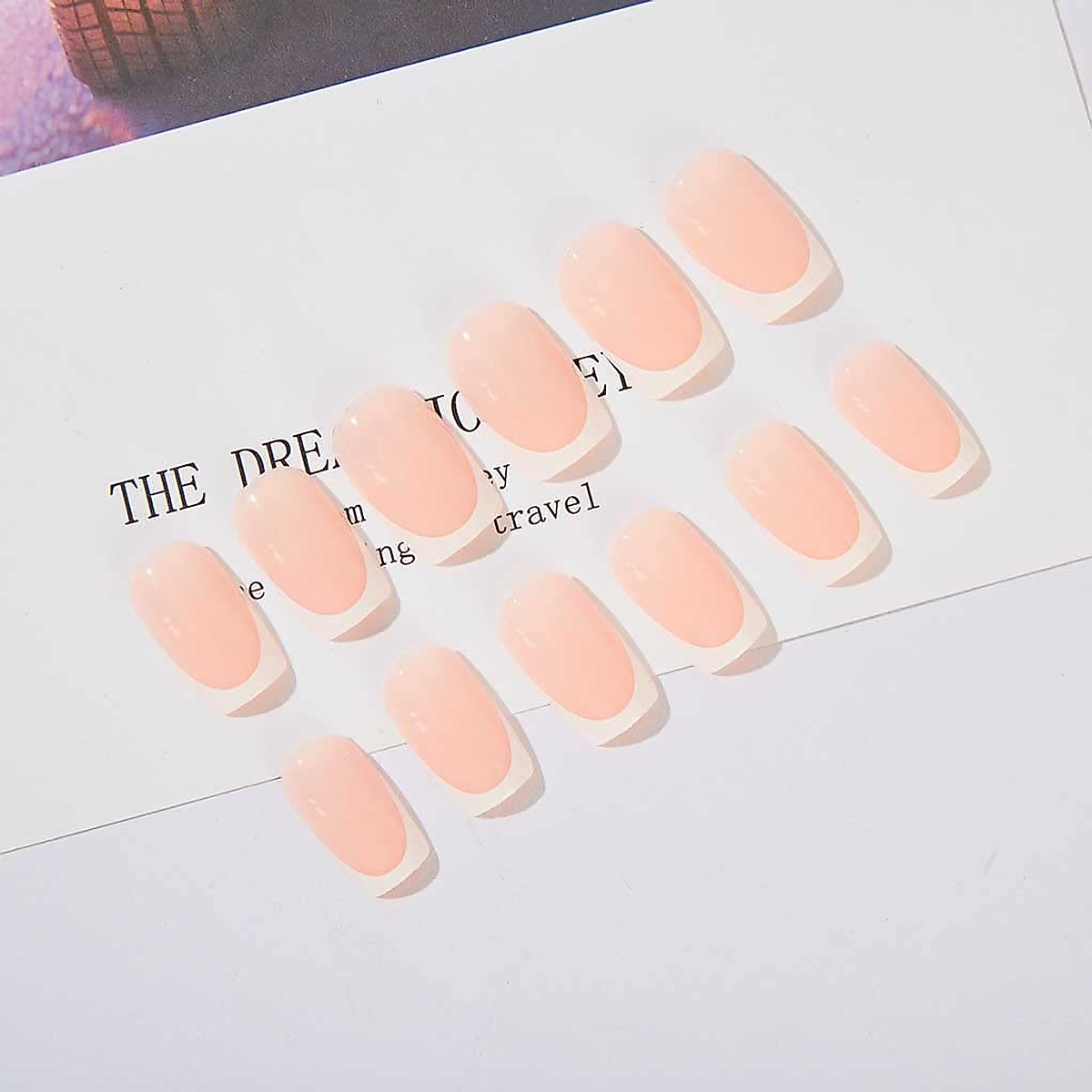 RikView French Tip Press on Nails Medium Fake Nails White Stick on Nails Square Pink Nails for Women