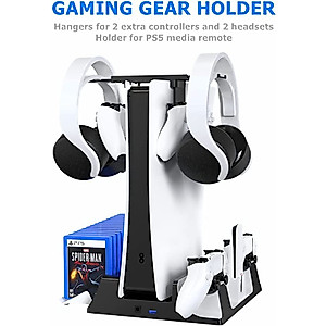 JDDWIN PS5 Vertical Charging Stand with Cooling Fan & Controller Hanger for PS5 Console,PS5 Stand Accessories with Dual Controller Charger and Game Rack Storage Organizer with 3 USB Ports
