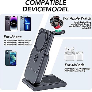 3 in 1 Wireless Charging Station,5000mAh Fast Foldable Portable Charger Battery Pack USB C Power Bank for MagSafe,for iPhone 15 14 13 12 Series/Apple Watch/Airpods with 20W Charger Adapter (Black)