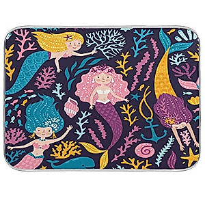 Cute Mermaids Whale Corals Seaweed Dish Drying Mat 24"x18" Absorbent Machine Washable Hanging Fast Dry Pad Dish Protective Mat for Kitchen Countertop Heat Resistant Dinner Table Mat