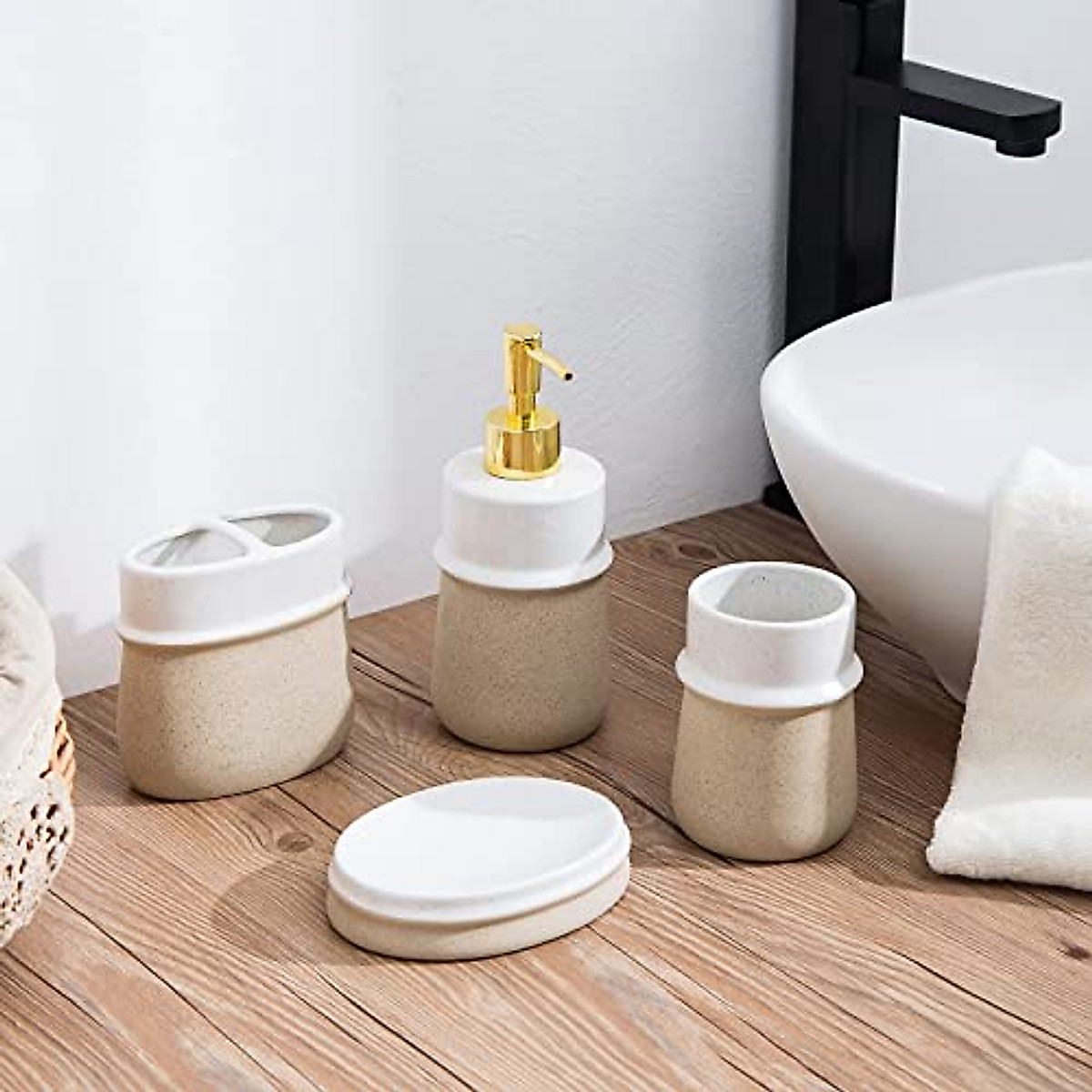 Bathroom Accessory Set 4 Piece & Small Trash Can Wastebasket, Rustic Farmhouse Bathroom Decor, Living Room Decor, and Accessories, Sand Glaze Non-Slip Design, Beige