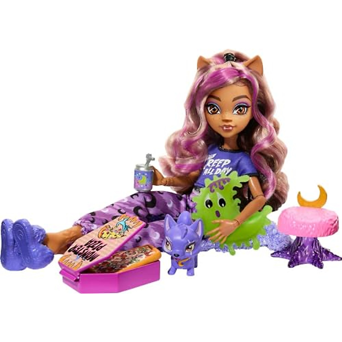 Monster High Doll, Clawdeen Wolf Creepover Party Set with Pet Dog Crescent, Sleepover Clothes and Accessories