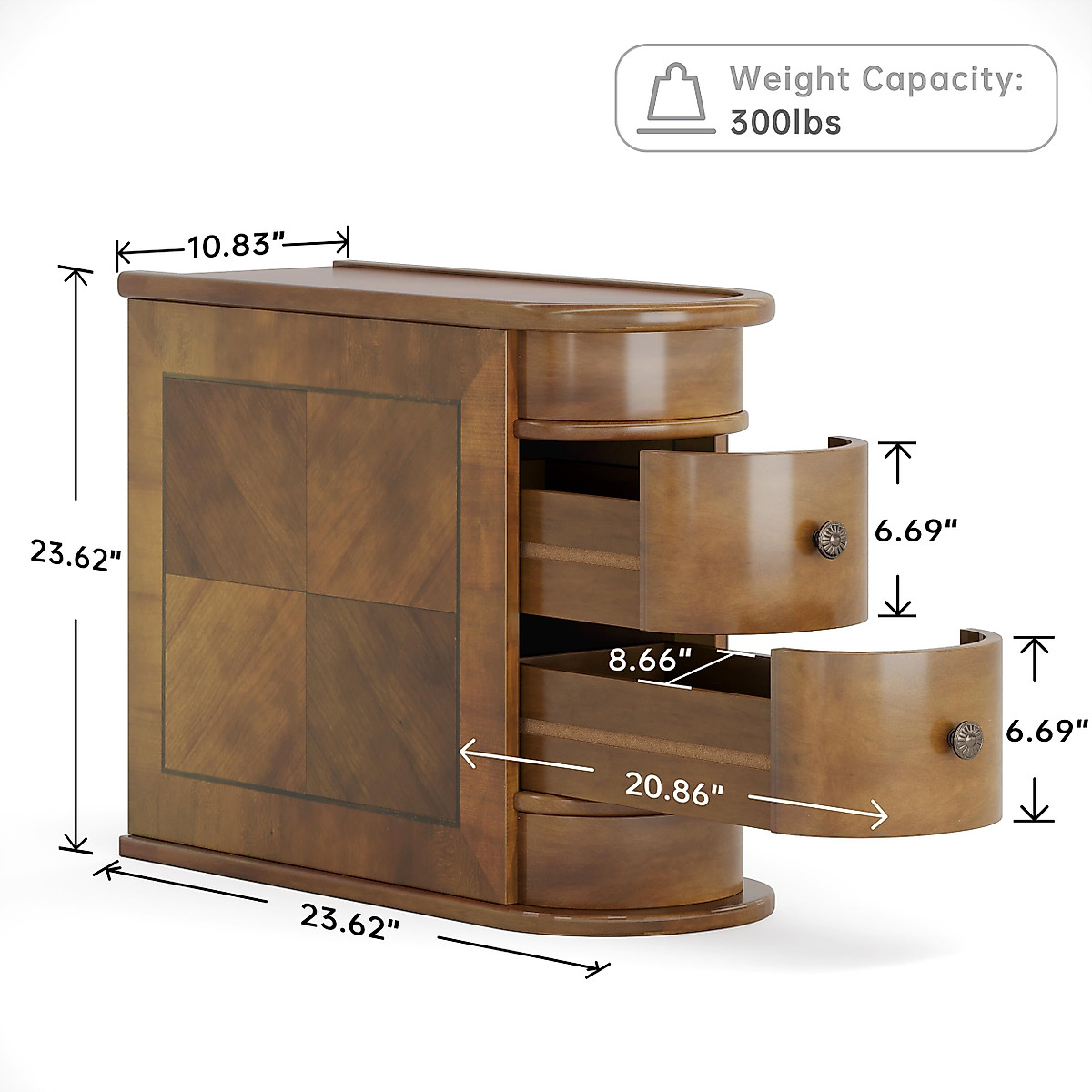 Wood End Table with 2 Drawers, No Assembly Required Narrow Sofa Side Table for Living Room, Vintage Slim Nightstand Bedside Table for Bedroom, Finished Back (2 Drawers, Brown, 1Pc)