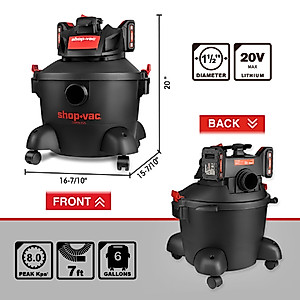 Shop-Vac 6 Gallon Wet Dry Vacuum Cleaner, 8.0 Peak Kpa Shop Vacuum with Blower Function, Cordless Vacuum Cleaner for Pet Hair, Jobsite, Garage, Home & Workshop