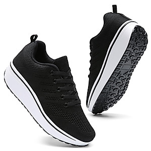 DADAWEN Women's Slip On Breathable Mesh Walking Tennis Shoes Lightweight Comfort Wedge Platform Casual Sneakers for Gym Travel Work Black US Size 7.5