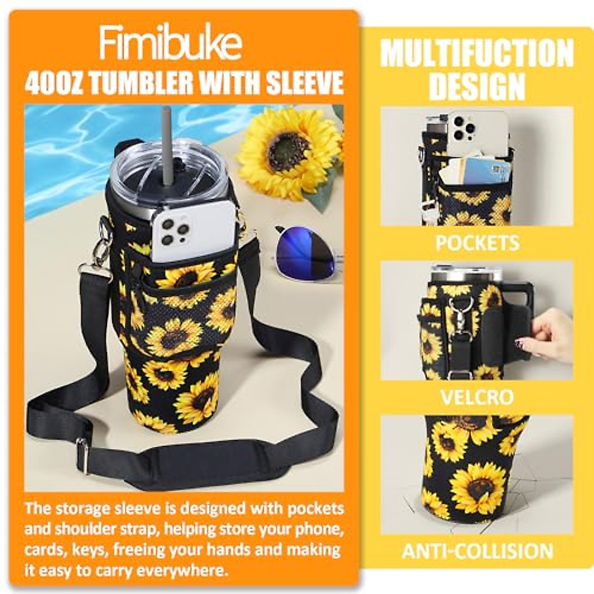 Fimibuke 40 oz Tumbler with Handle & Carrier Bag, Stainless Steel Insulated Cup with Lid & Straw & Purse Pouch Phone Pocket, Gym Water Bottle Cupholder Friendly Women Men Travel Mug with Sleeve Holder