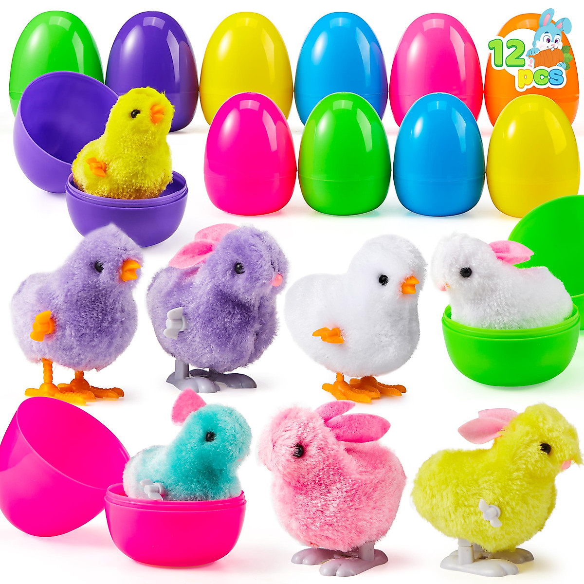 JOYIN 12 Pcs Easter Eggs Filled with Wind-up Toys, Colorful Egg Wind-Up Jumping Chicks and Bunnies for Kids Basket Stuffer, Hunt, Party Favors, Classroom Prize