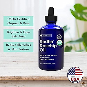 Radha Beauty 4 oz Organic Rosehip Seed Oil 100% Pure Cold Pressed - Great Carrier Oil for Moisturizing Face, Hair, Skin, & Nails, Hydrating and Nourishing