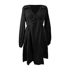 BilyBY Women's V Neck A-line Dress Summer Fold Hook Flower Long Sleeve Casual Min Dress Party Wedding Guest High Waist Dresses