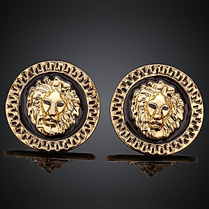Yellow Gold Plated Black Round Earrings Stud Push Back Lion 1" L319