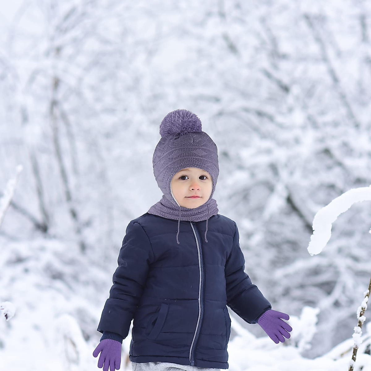 Hicdaw 6PCS Toddler Winter Hats and Baby Mittens Gloves Neck Warmer Set Baby Winter Hat Scarf Gift for Kid Boys Girls(Purple)