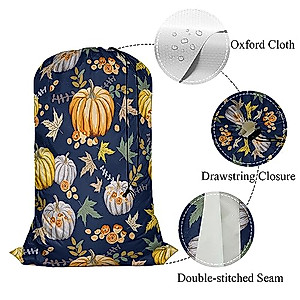 Swono Autumn Orange Pumpkins Drawstring Closure Dirty Clothes Bag Organizer, Heavy Duty Large Laundry Bag, Retro Style Fall Flowers Peony Rose Maple Leaf Rip-Stop Bags for Camp Travel, Machine