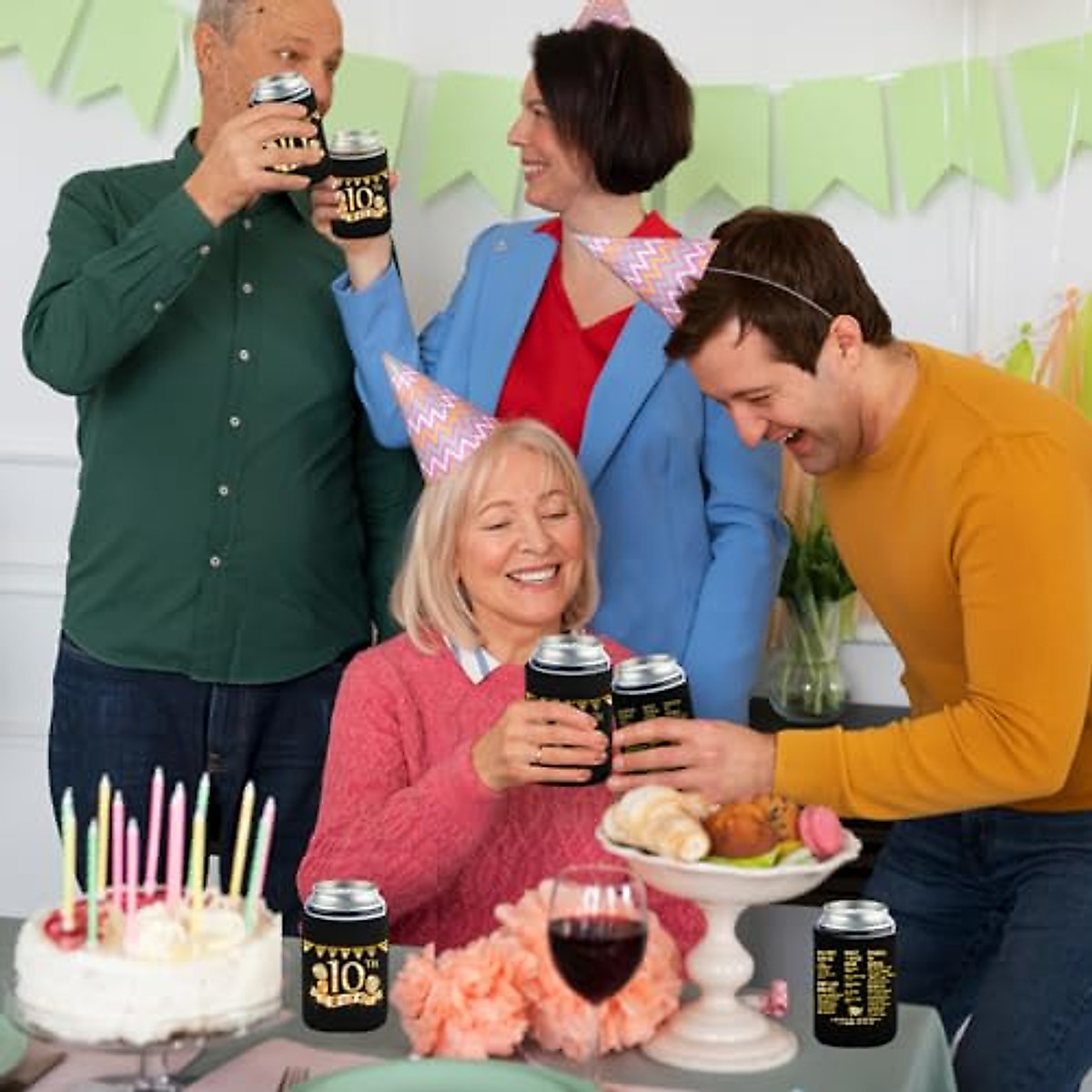 10th Birthday Can Cooler Sleeves Pack of 12, 10th Anniversary Decorations, 2013 Sign Back in 2013 old time information, Black and Gold 10th Birthday Cup Coolers