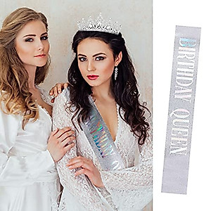 Velscrun Happy Birthday Queen Crown and Sash, Crowns for Women Birthday Queen Sash, Tiara for Women Birthday, Silver Tiaras and Crowns for Women, Happy Birthday Decorations Accessories for Women