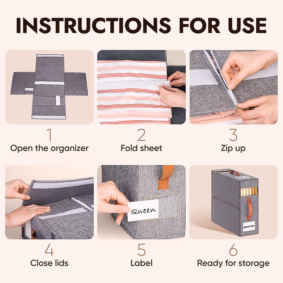 Joymeezo 4 Pack Grey Bed Sheet Organizer, Bedding Sheets Set (Queen & King) Storage Box with a Band, 2 Windows & 2 Handles, Foldable Linen Sheet Storage Container for Closet Organizing