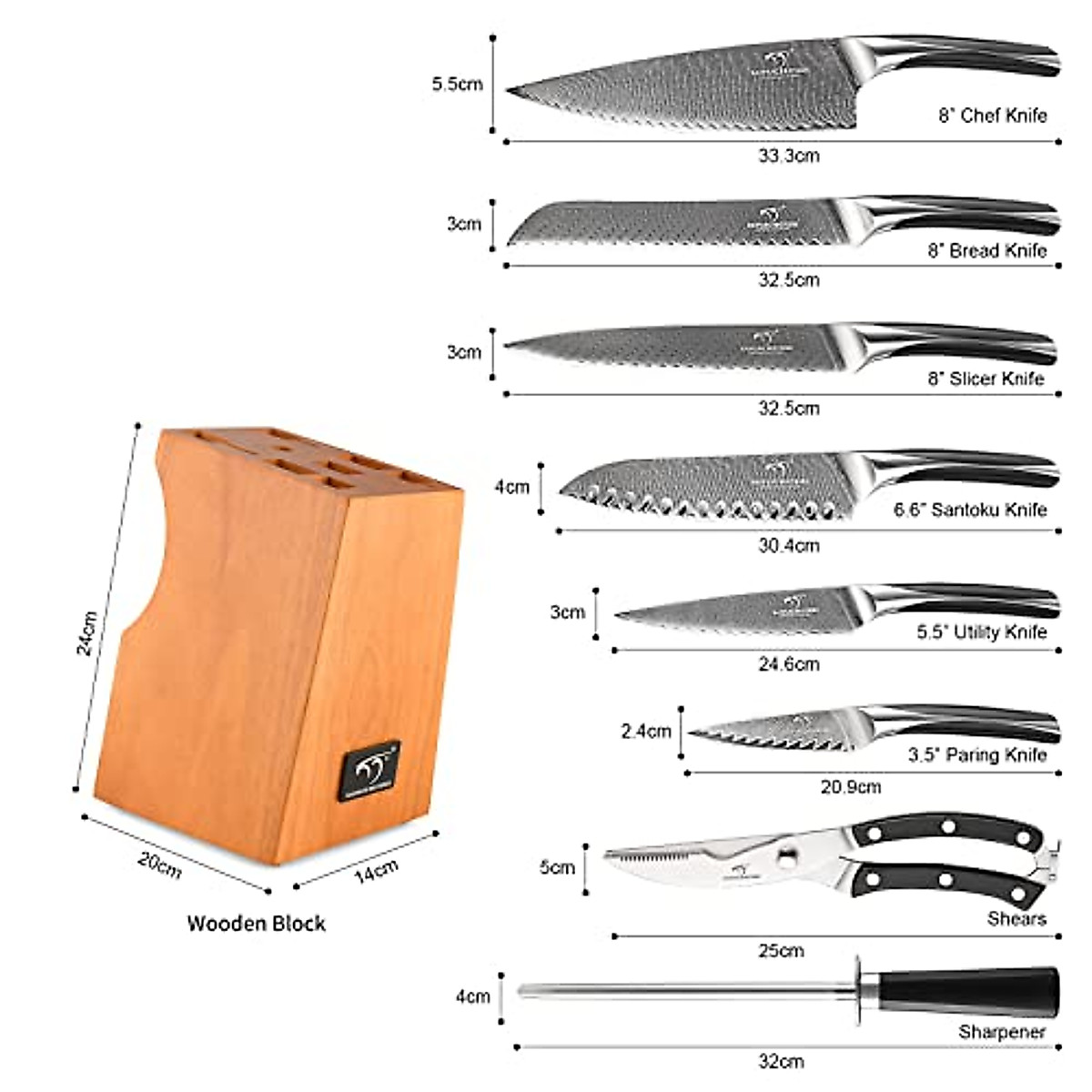 9 Pieces Damascus Kitchen Knife Set, Kitchen Knife Set with Block, ABS Ergonomic Handle for Chef Knife Set, Knife Sharpener and Kitchen Shears, Knife Block Set for Chopping, Slicing & Cutting